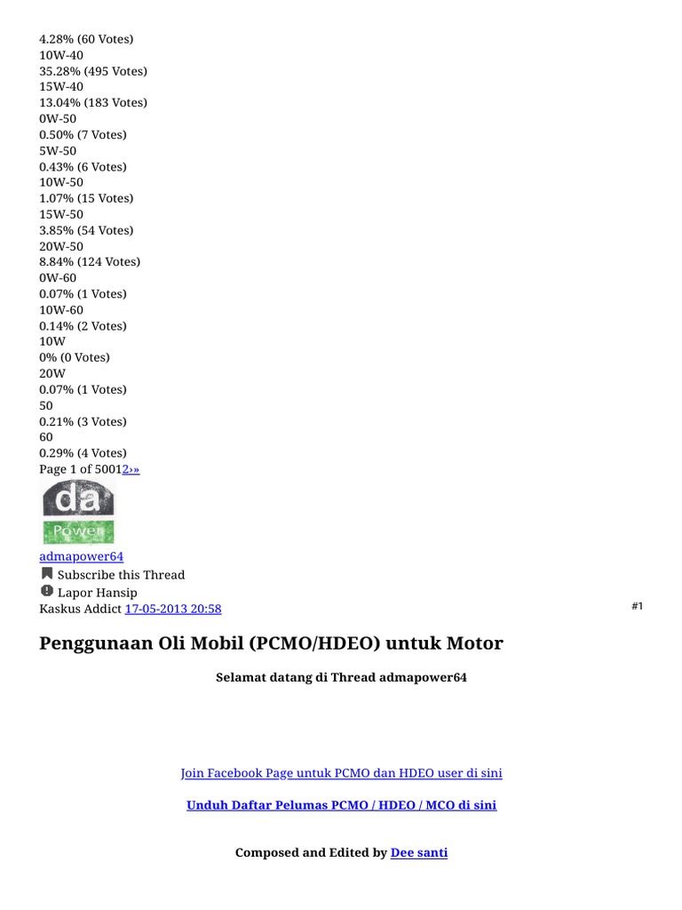 Penggunaan Oli Mobil (PCMO - HDEO) Untuk Motor - KASKUS | PDF