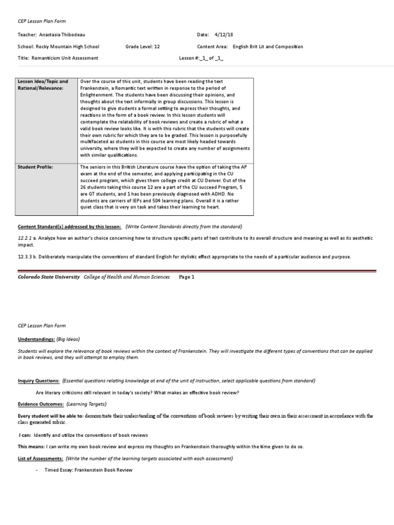 Cep Lesson Plan Template - Frankenstein Lesson | PDF | Educational ...