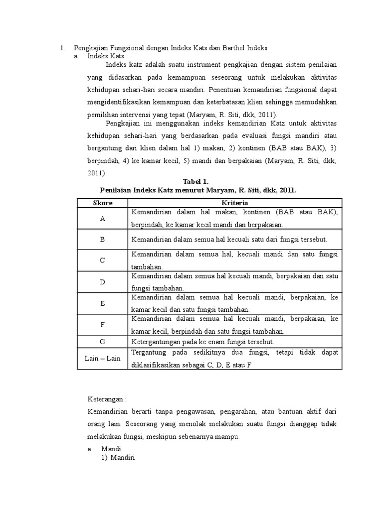 Pengkajian Fungsional Dengan Indeks Kats Dan Barthel Indeks | PDF