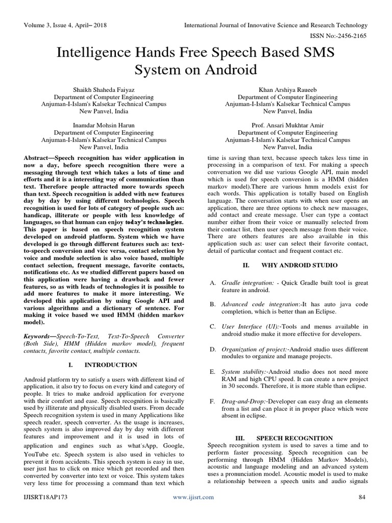 Intelligence Hands Free Speech Based SMS System On Android | Download Free PDF | Speech ...