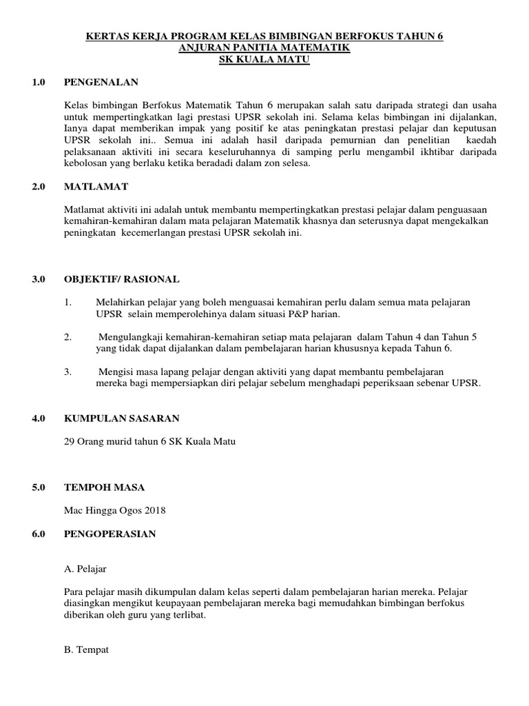 Kertas Kerja Program Kelas Bimbingan Berfokus Tahun 6 | PDF