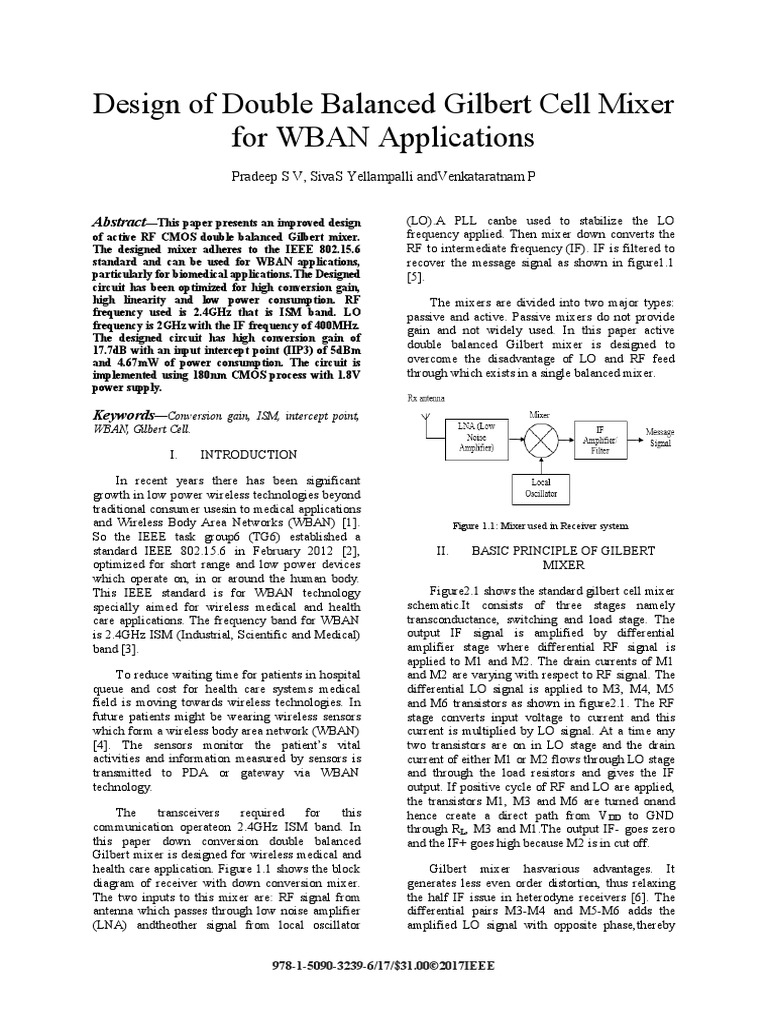 Design of Double Balanced Gilbert Cell Mixer For WBAN Applications | PDF | Amplifier | Cmos