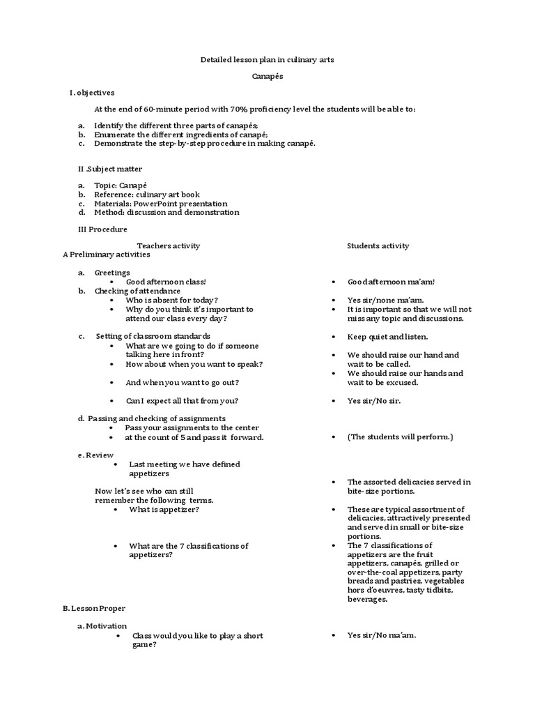 Detailed Lesson Plan in T L E | PDF | Hors D'oeuvre | Eating Behaviors ...