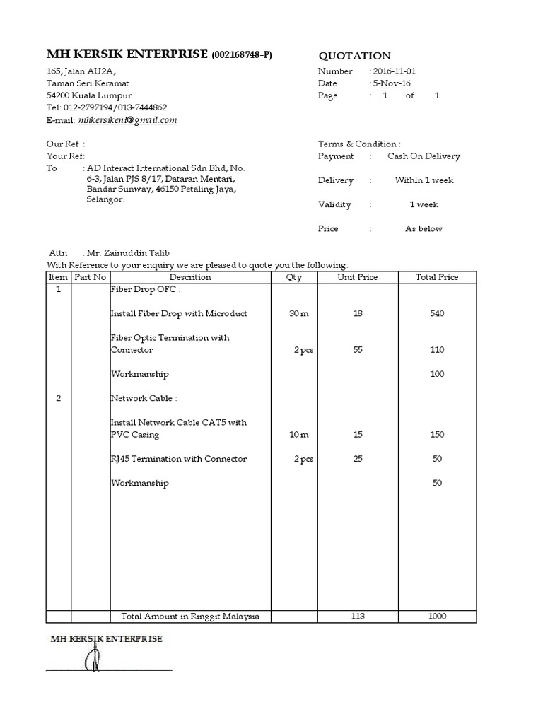 MH Kersik Quotation Format | PDF | Telecommunications Equipment | Business