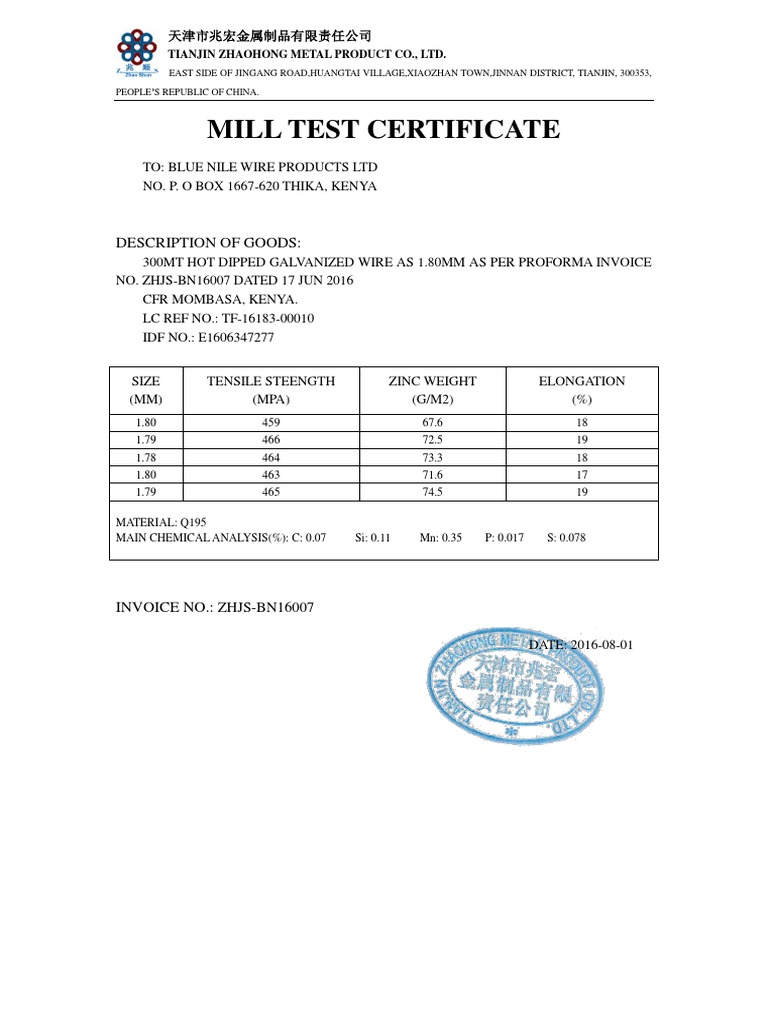 Test Certificate-Bn16007 Gi Wires | PDF