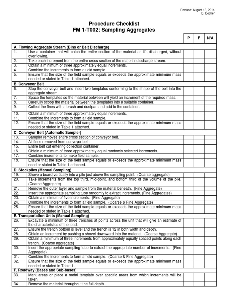 Procedure Checklist FM 1-T002: Sampling Aggregates: P F N/A A. Flowing ...