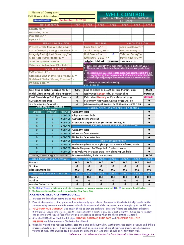 Well Control Worksheet - Surface BOP | Casing (Borehole) | Chemical ...