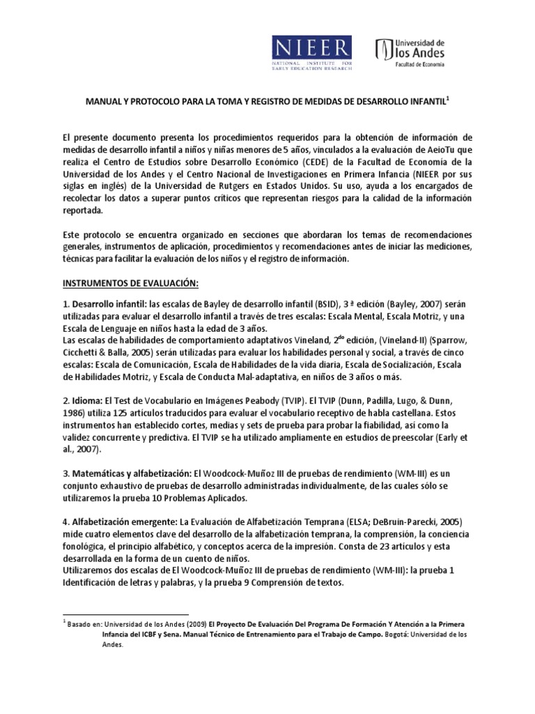 2011.NIEER Protocolo Eval Desarrollo Infantil | PDF | Prueba (evaluación) | Palabra