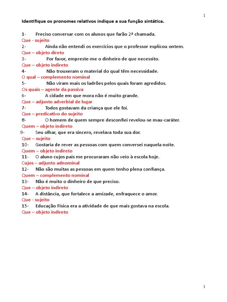 Exercicios Funcao Sintatica Relativos1162009161329 | Assunto (Gramática ...