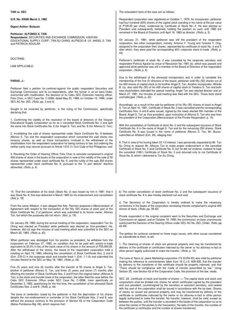 Tan v. SEC, 206 SCRA 740 | PDF | Stocks | Corporations