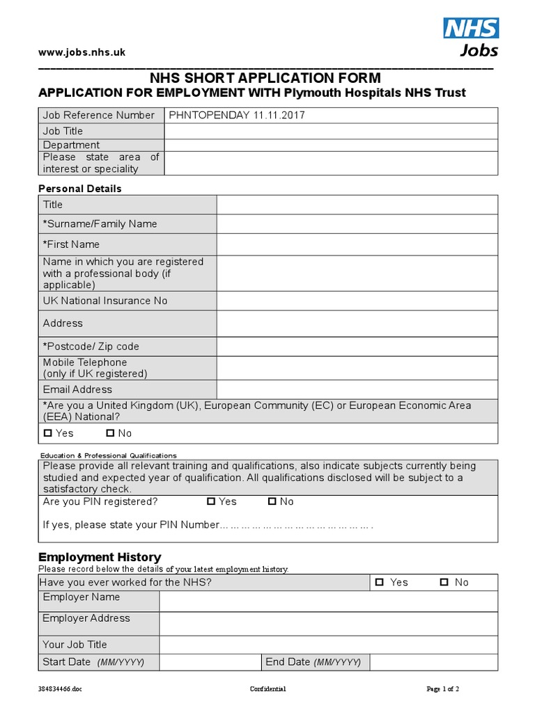 NHS Job Application Form Template | PDF | Confidentiality | European ...