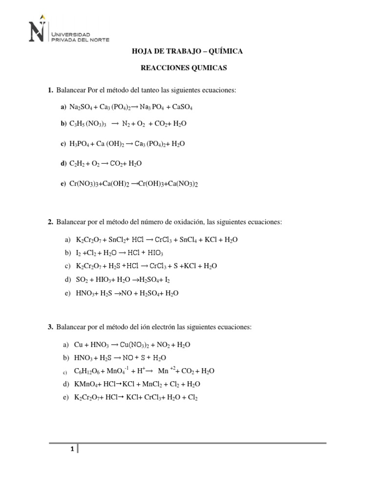 Hoja De Trabajo Con Descripción General De Reacciones Químicas Sofia