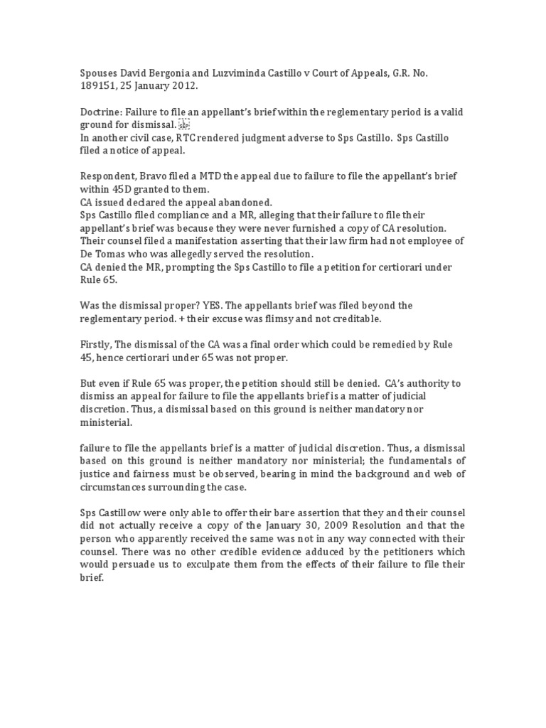 Spouses David Bergonia and Luzviminda Castillo V Court of Appeals | PDF