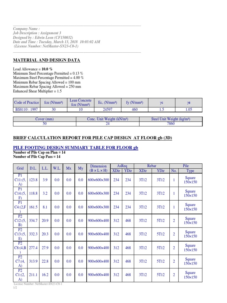 Material and Design Data: Pile Footing Design Summary Table For Floor GB | PDF | Building ...