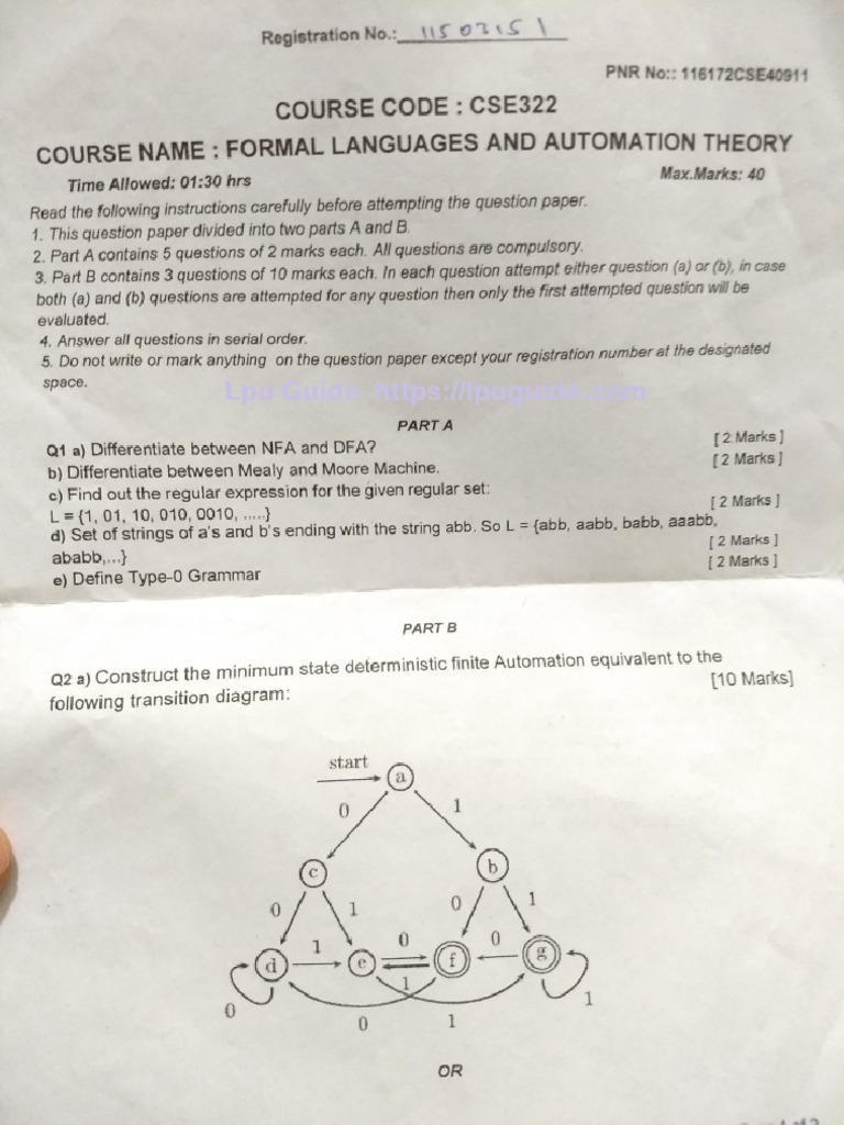 Lpu Question Papers Cse322 Automata | PDF | Computer Engineering | Formal Methods