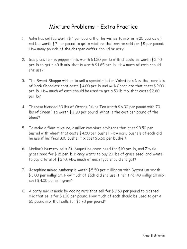 Mixture Problems With Set Up Pdf Interest Business