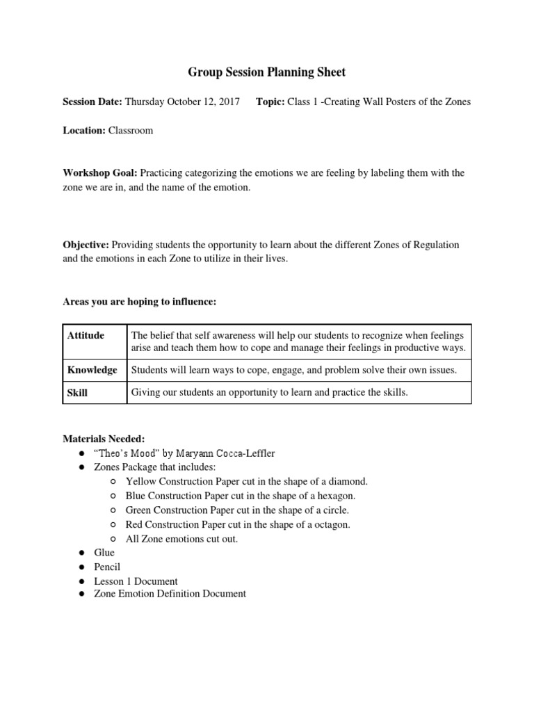 Zones of Regulation Workshop Plan | PDF | Attitude (Psychology) | Learning