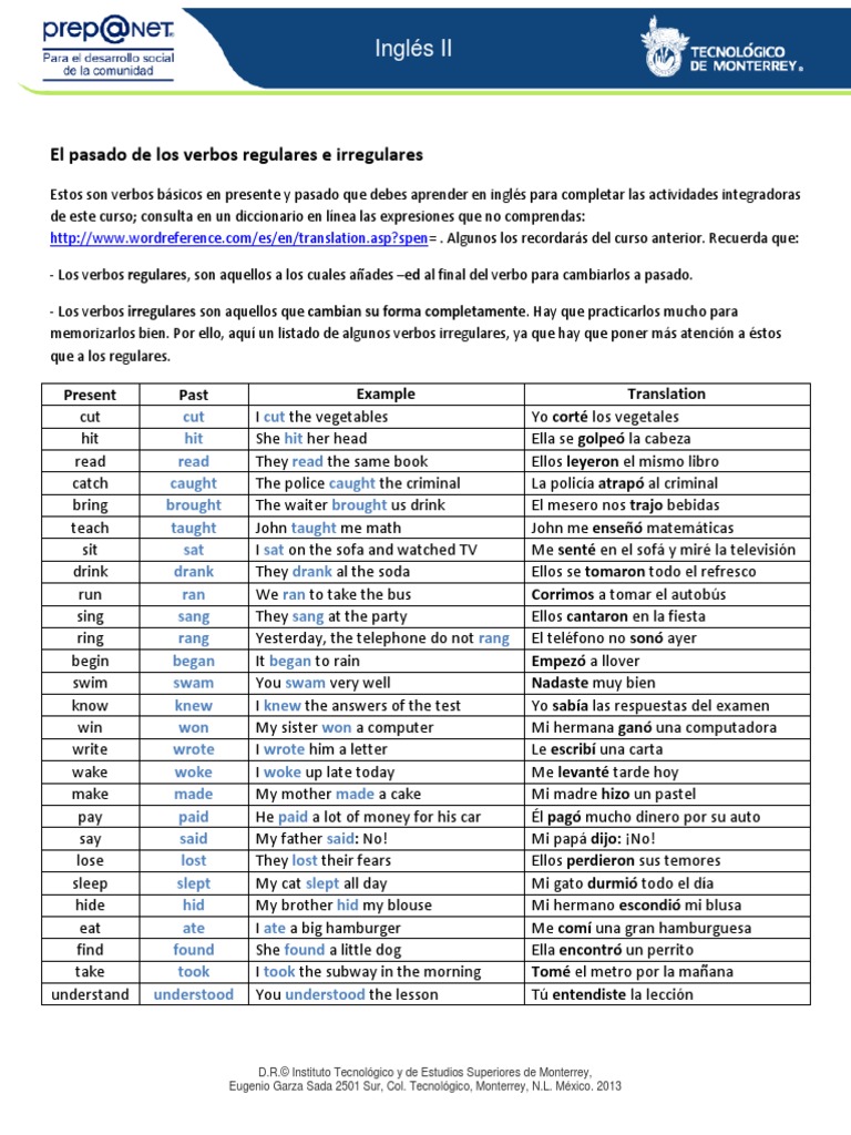 Pasado de Los Verbos Regulares e Irregulares PDF | PDF | Bebidas | Ocio