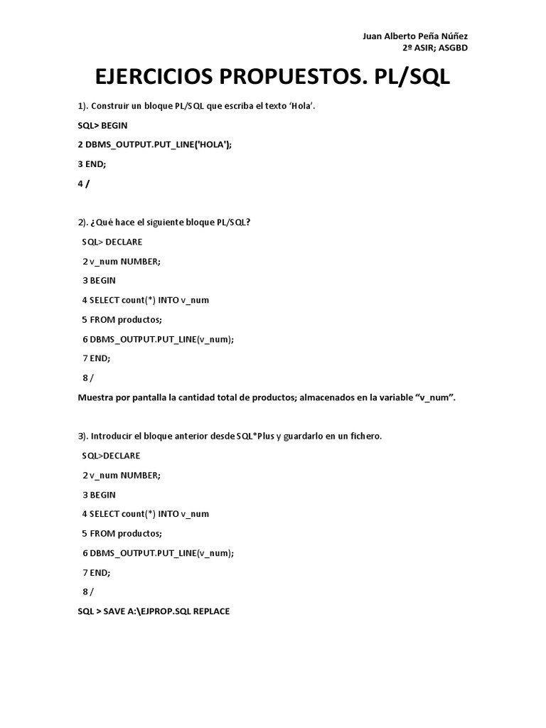 Ejercicios Propuestos de Agbd. PLSQL | PDF | Pl / Sql | SQL