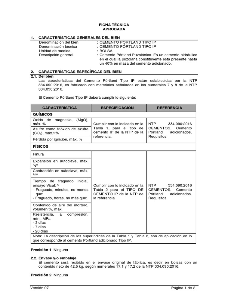 FICHA TECNICA CEMENTO IP.pdf | Cemento | Ingeniería de Edificación