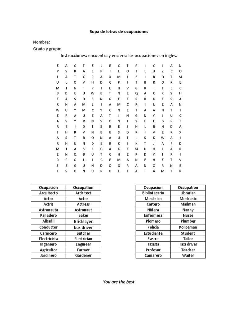 Sopa de Letras de Ocupaciones | PDF