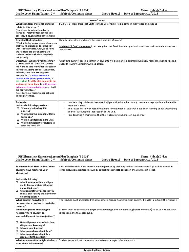 USF Elementary Education Lesson Plan Template (S 2014) | PDF | Lesson ...