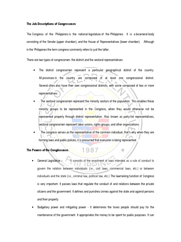 The Job Descriptions of Congressmen | PDF | United States Congress ...