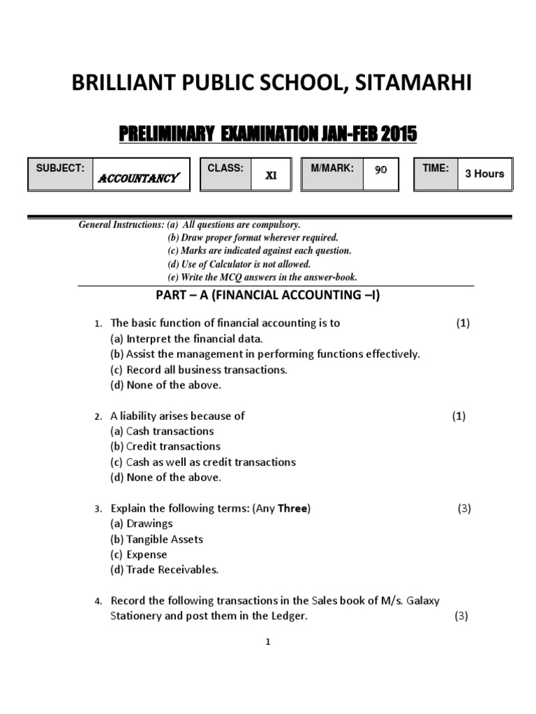BPS Class XI Pre Board Examination Question Papers Jan 2015 All ...