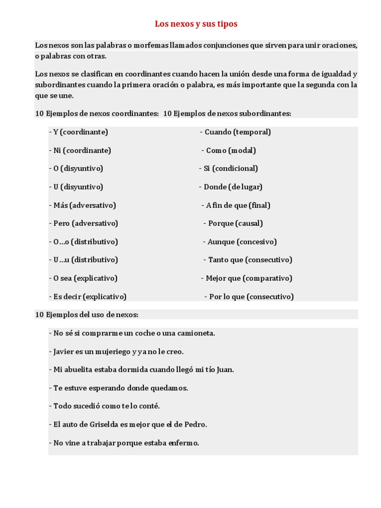 Los Nexos Y Sus Tipos Oración Lingüística Idiomas