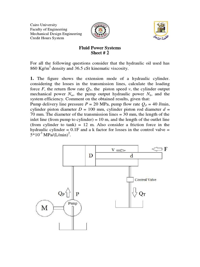 Fluid Power Systems Sheet # 2: Cairo University Faculty of Engineering ...