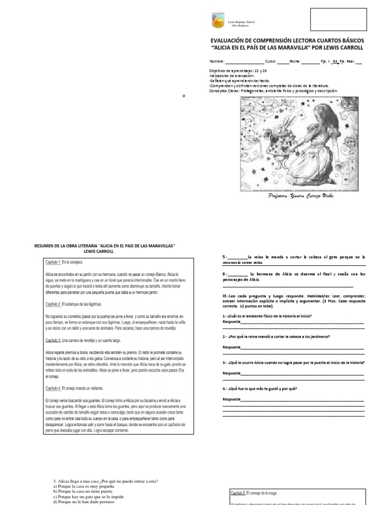 Evaluación De Comprensión Lectora Cuartos Básicos “Alicia En El País De ...