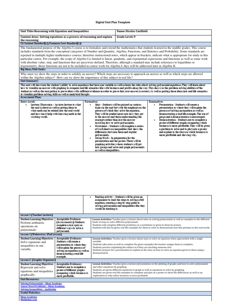 Digital Unit Plan Template | PDF | Equations | Algebra
