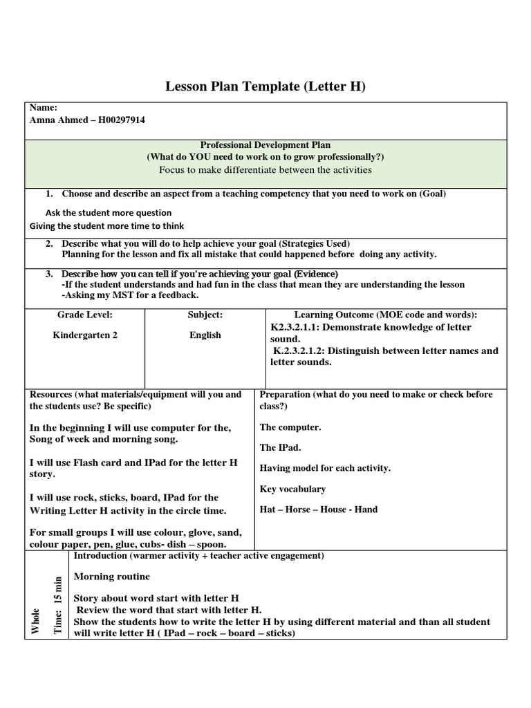 Lesson Plan Letter H | PDF | Lesson Plan | Pedagogy