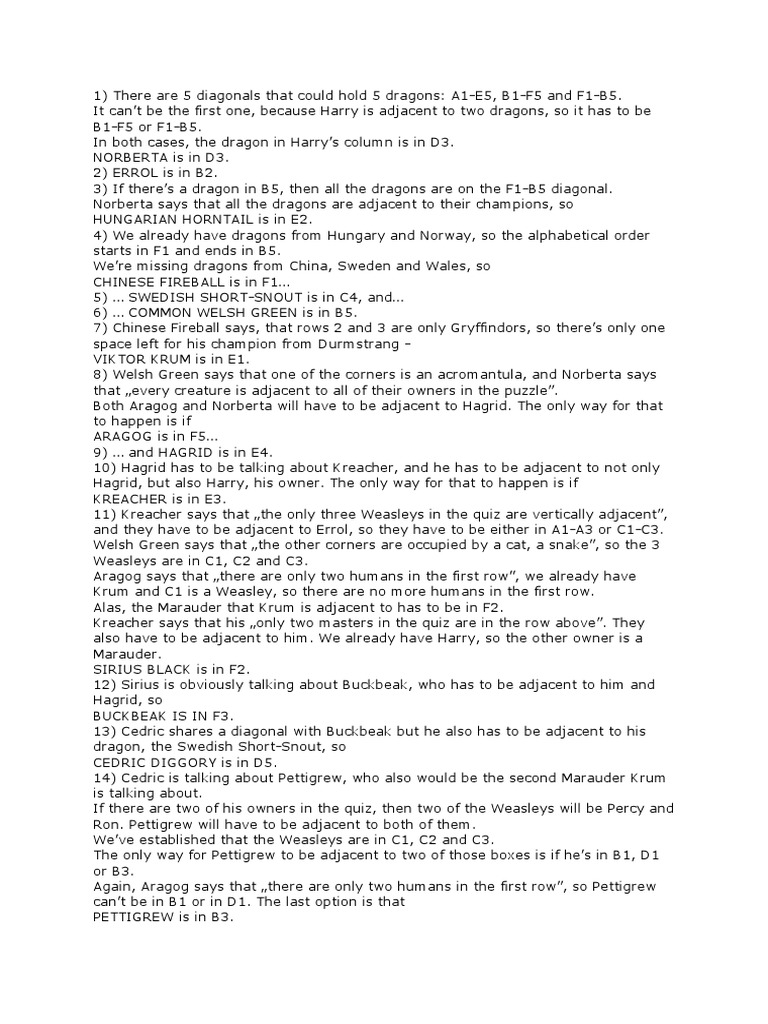 Harry Potter Logic Puzzle Solution | PDF | Contemporary Fantasy Novels ...