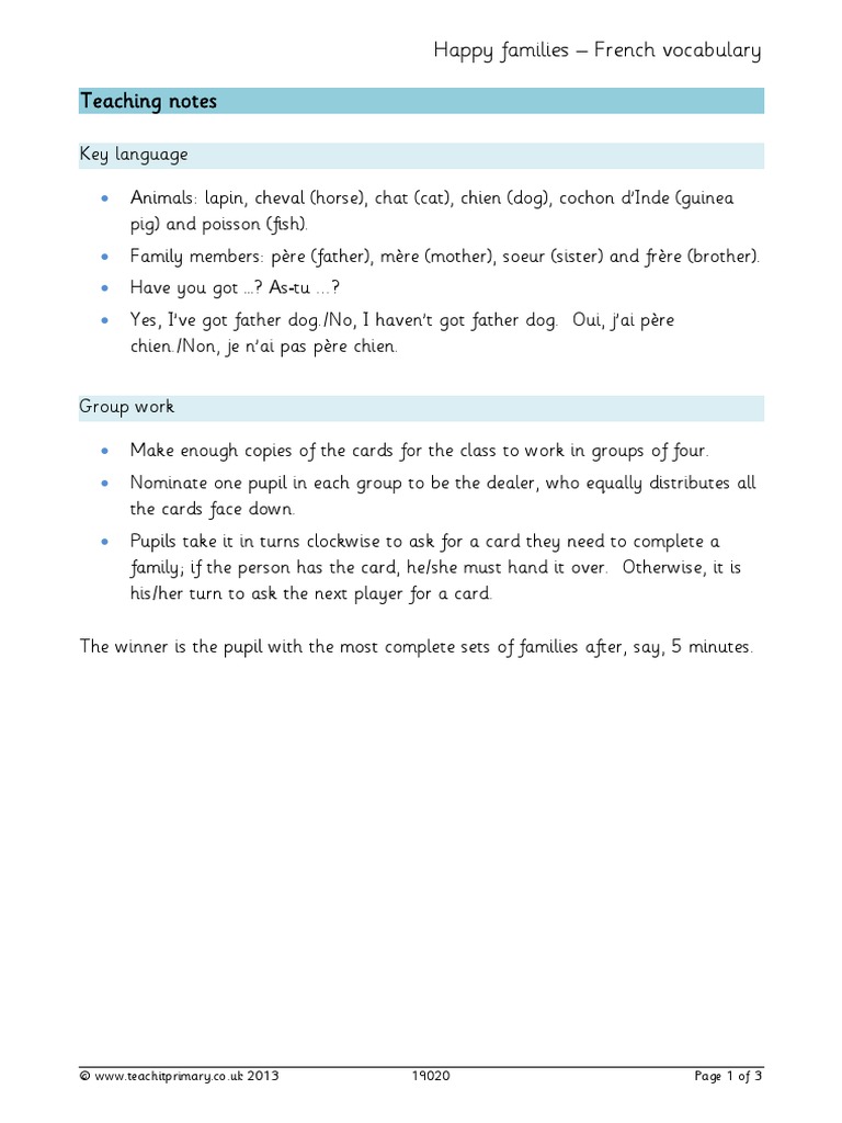 Happy Families - French Vocabulary Teaching Notes: © WWW ...