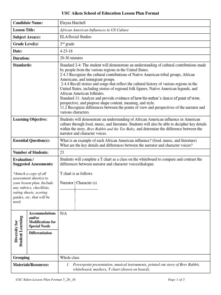 USC Aiken School of Education Lesson Plan Format | PDF | Narration ...