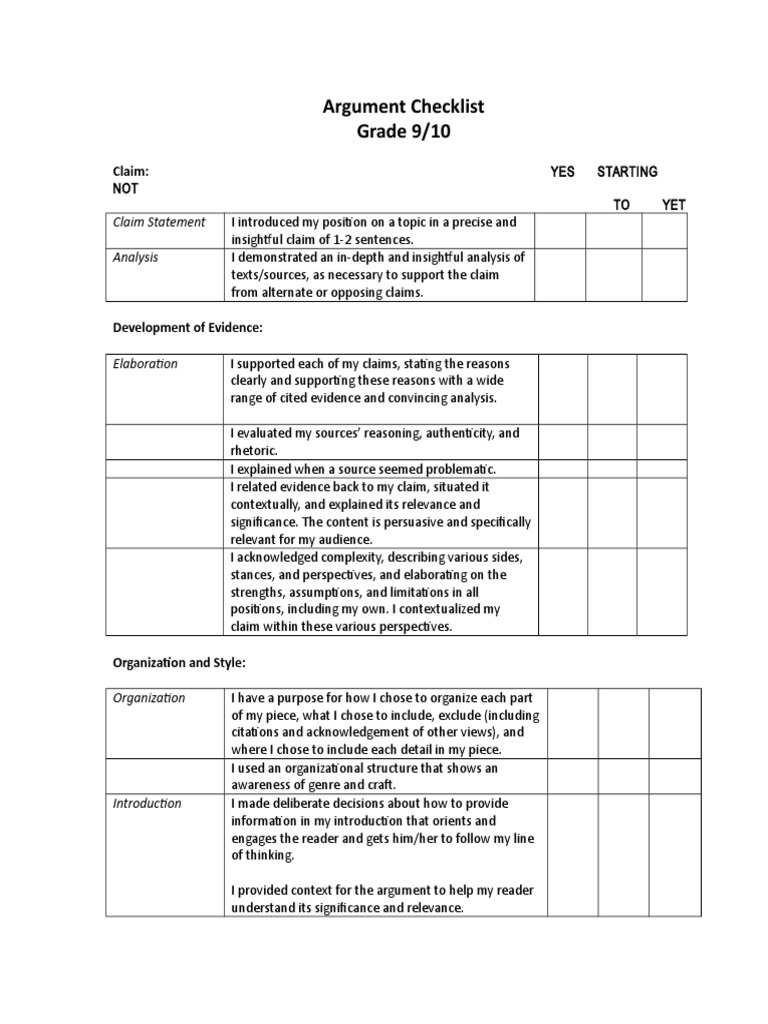 9th Grade Argumentative Writing Checklist | PDF | Argument | Citation