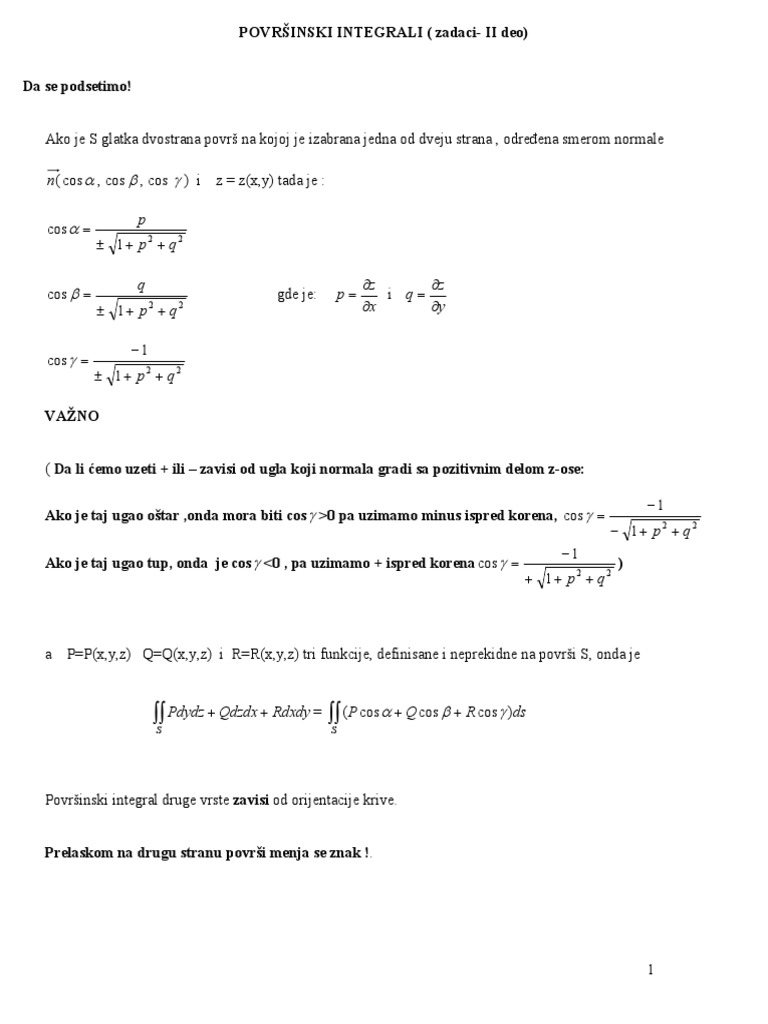 Povrsinski Integral Zadaci II Deo | PDF