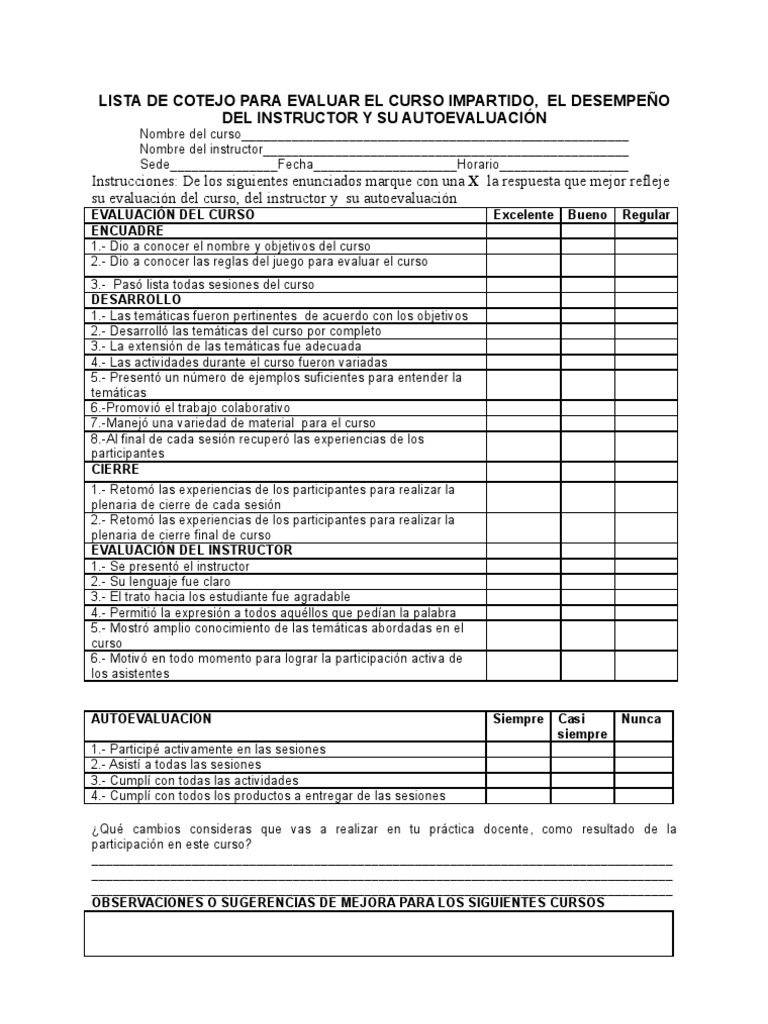 LISTA DE COTEJO PARA EVALUAR EL CURSO IMPARTIDO