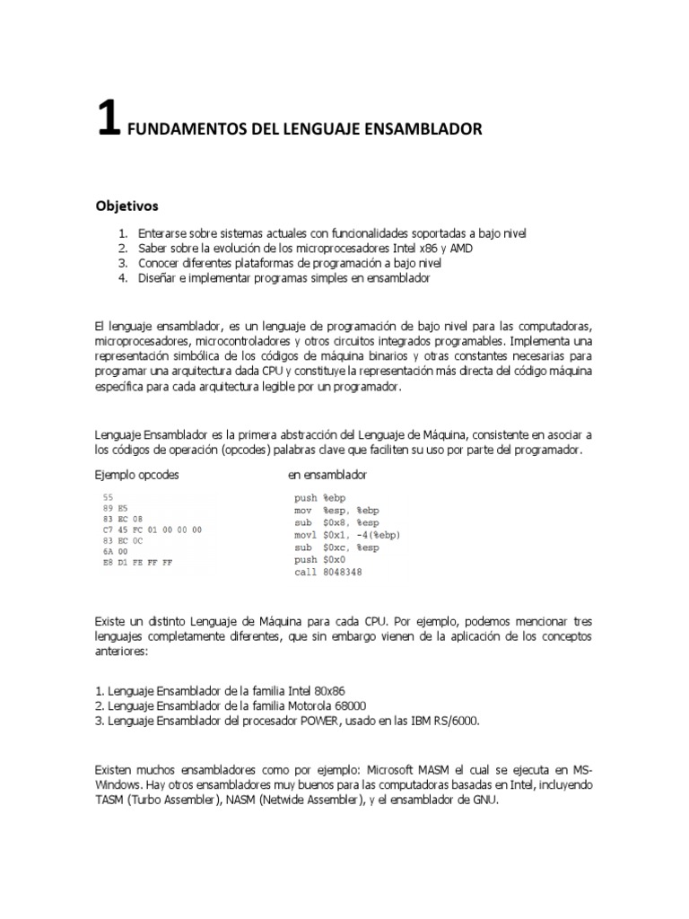 1 Fundamentos Del Lenguaje Ensamblador | PDF | Lenguaje ensamblador | Lenguaje de programación