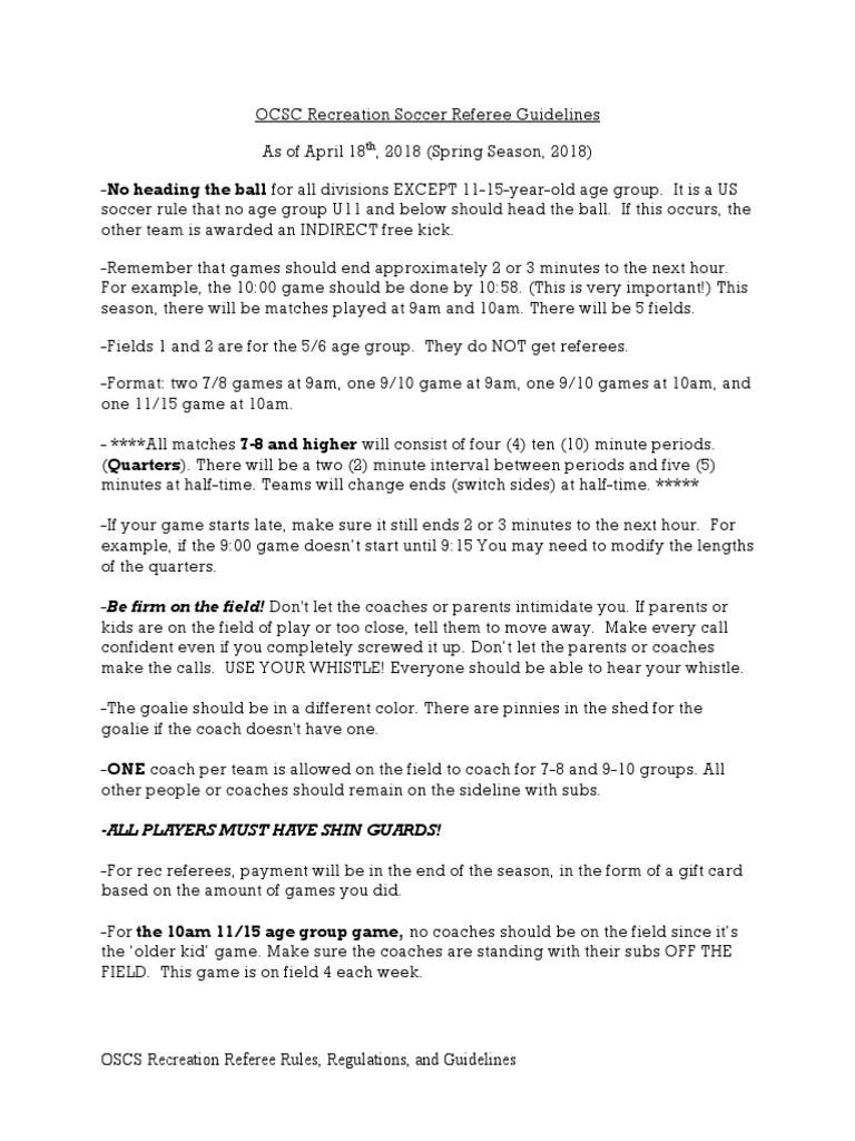 Rec Referee Guidelines and Rules-Revised April 18th 2018 | PDF | Games ...
