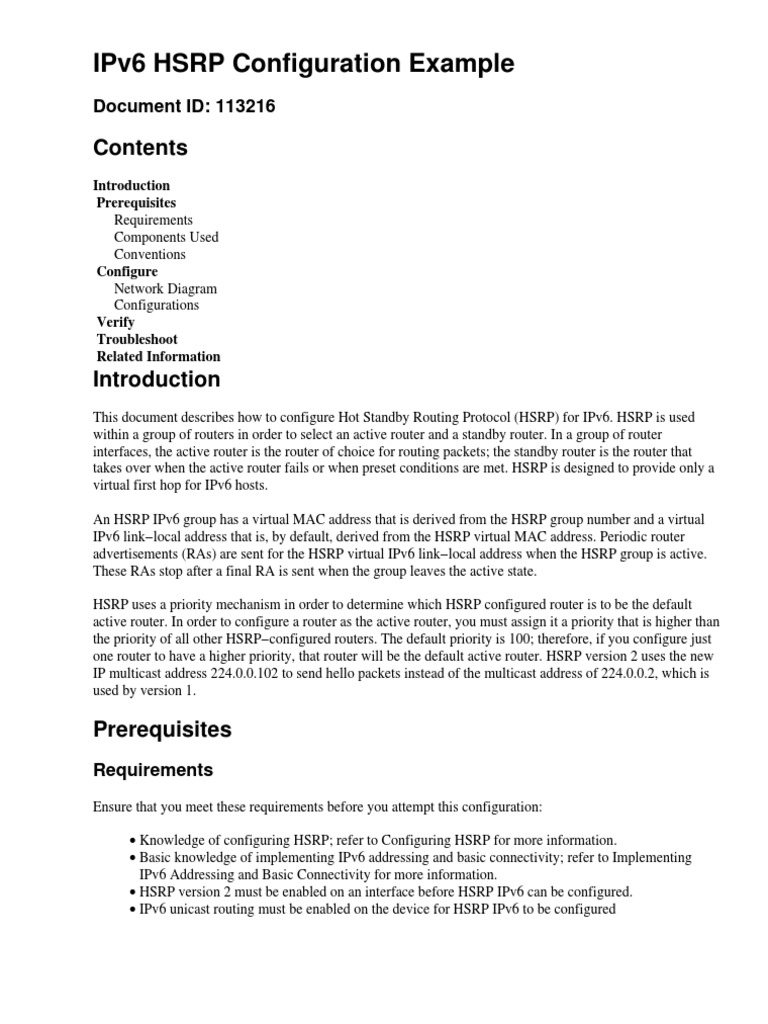 Ipv6 HSRP Configuration Example: Document Id: 113216 | PDF | I Pv6 | Router (Computing)