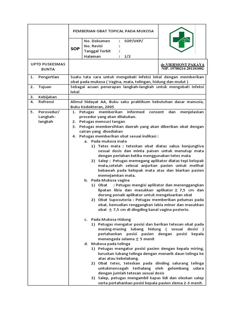 Sop Pemberian Obat Topical Pada Mukosa | PDF