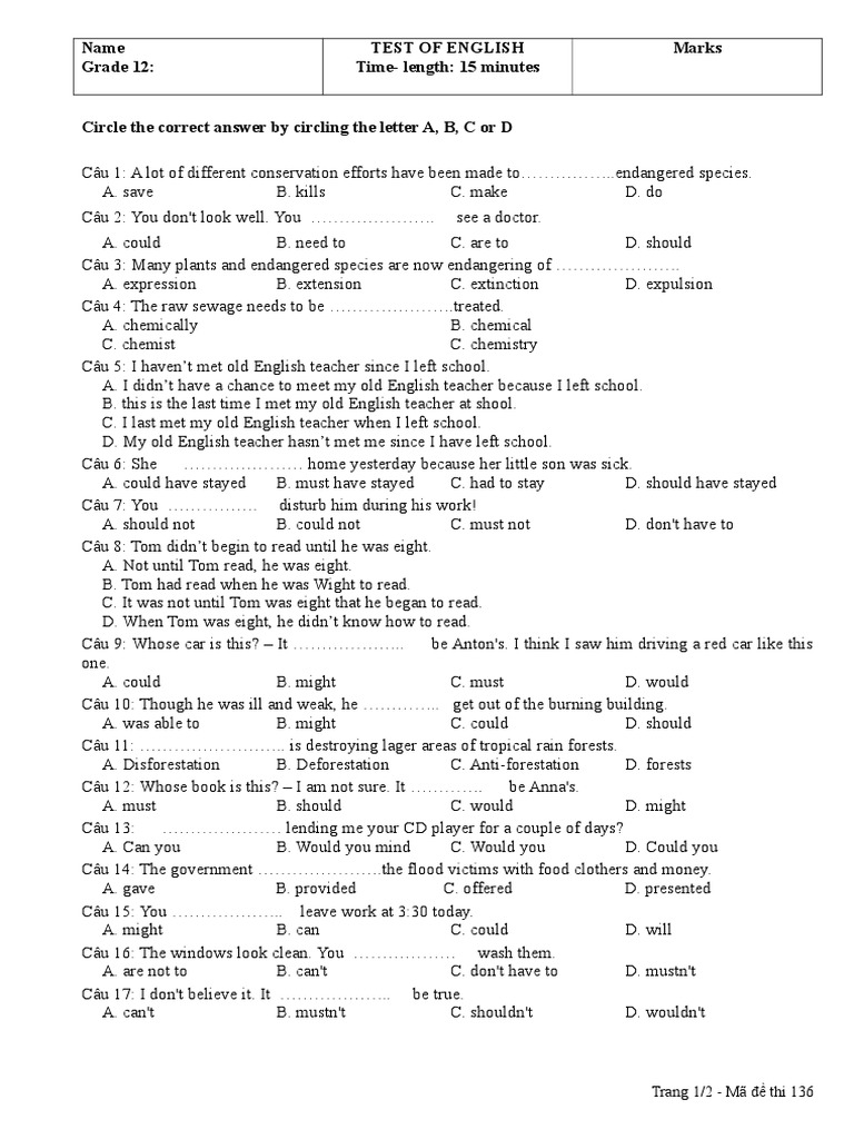 Grade 12 English Test Answers | PDF | Nature