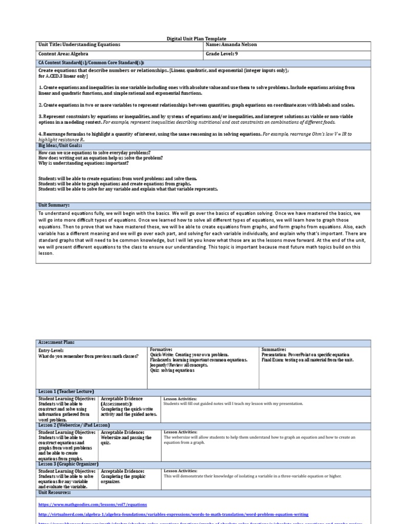 Algebra Unit Plan: Understanding Equations | PDF | Equations | Variable ...