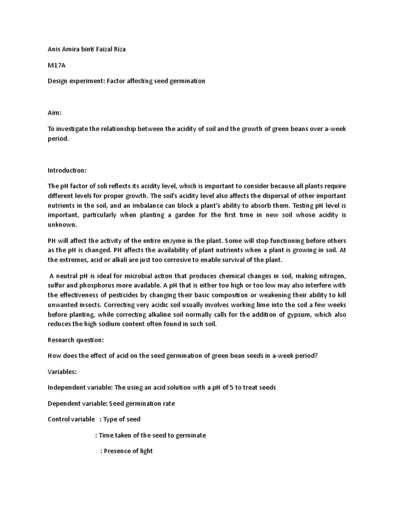 Factor Affecting Seed Germination Lab Report | PDF | Soil | Ph