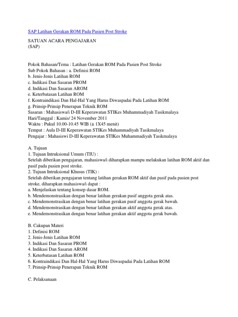 SAP Latihan Gerakan ROM Pada Pasien Post Stroke | PDF