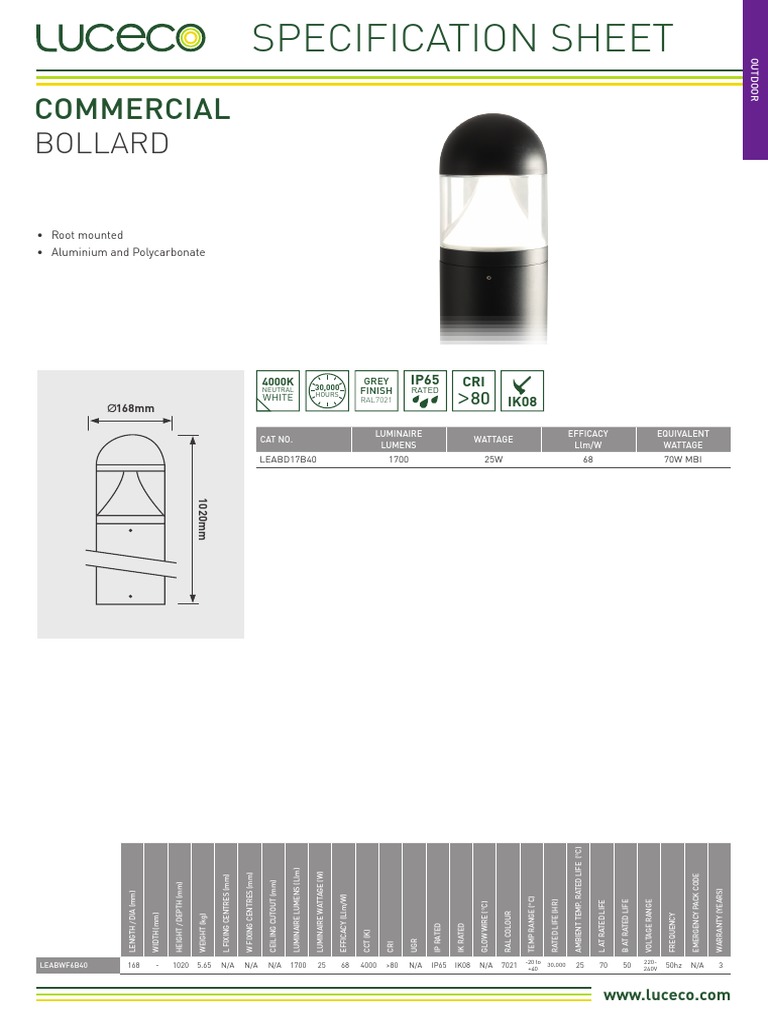Commercial Bollard Data Sheet | PDF | Electromagnetic Compatibility ...