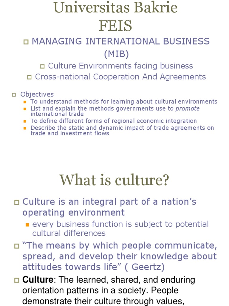 Managing International Business (MIB) : Culture Environments Facing ...