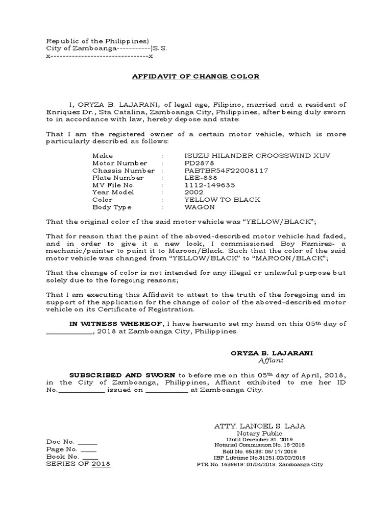 Affidavit of Change Color | Download Free PDF | Affidavit | Transport
